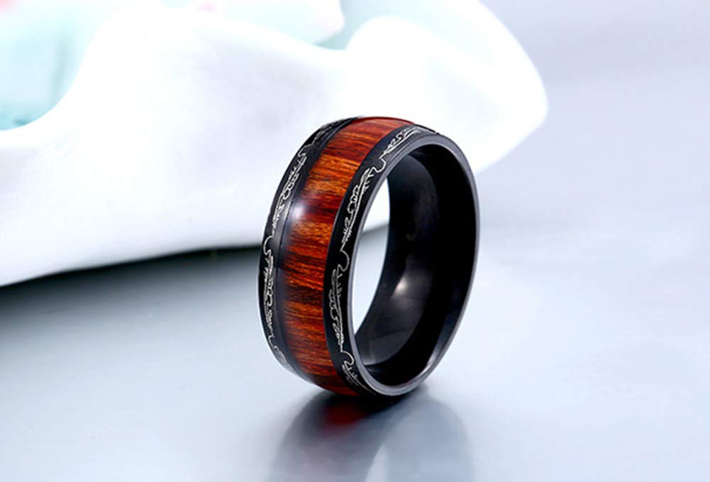 HIJONES Unisex Stainless Steel Rings Koa Real Wood Wedding Engagement Ring Band High Polished Finish Black Size 7