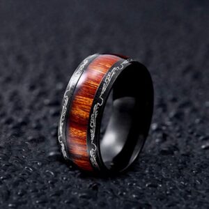 HIJONES Unisex Stainless Steel Rings Koa Real Wood Wedding Engagement Ring Band High Polished Finish Black Size 7