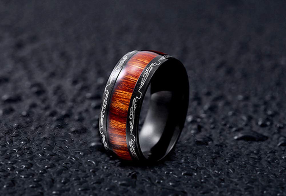 HIJONES Unisex Stainless Steel Rings Koa Real Wood Wedding Engagement Ring Band High Polished Finish Black Size 7