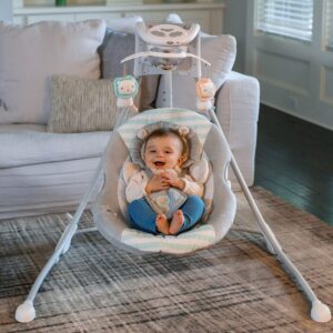 Ingenuity InLighten 6-Speed Foldable Baby Swing with Light Up Mobile, Swivel Infant Seat and Nature Sounds, 0-9 Months 6-20 lbs (Blue Landry the Lion)