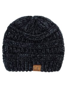 c.c women's chenille soft warm thick knit beanie cap hat-black