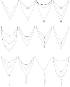 finrezio 12 pcs gold plated layered necklace for women sexy long choker chain y necklace bar feather pendent necklace sets silver tone