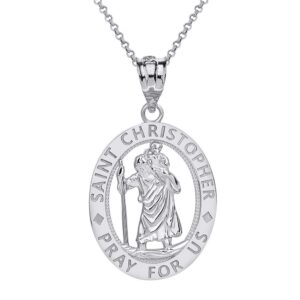 calirosejewelry 10k saint christopher pray for us oval charm pendant necklace in white gold, 16"