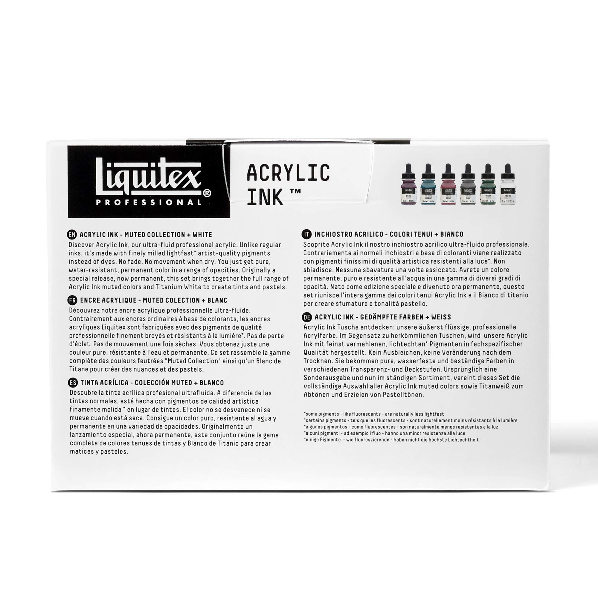 Liquitex Professional Acrylic Ink, Set of 6 (Muted Collection: Muted Green, Muted Grey, Muted Pink, Muted Turquoise, Muted Violet, White, 1-oz each)