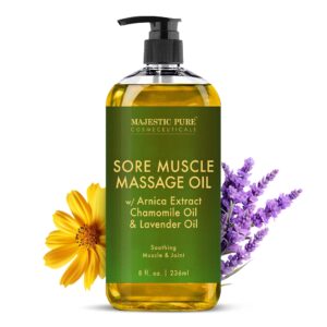 majestic pure arnica sore muscle massage oil for massage therapy - natural oil with lavender and chamomile essential oils - multipurpose instant absorption full body massage oil - 8 fl. oz