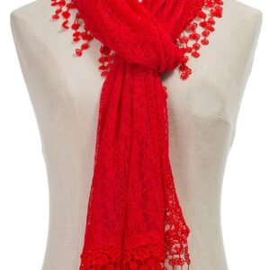 Cindy and Wendy Lightweight Soft Leaf Lace Fringes Scarf shawl for Women (Red-2)