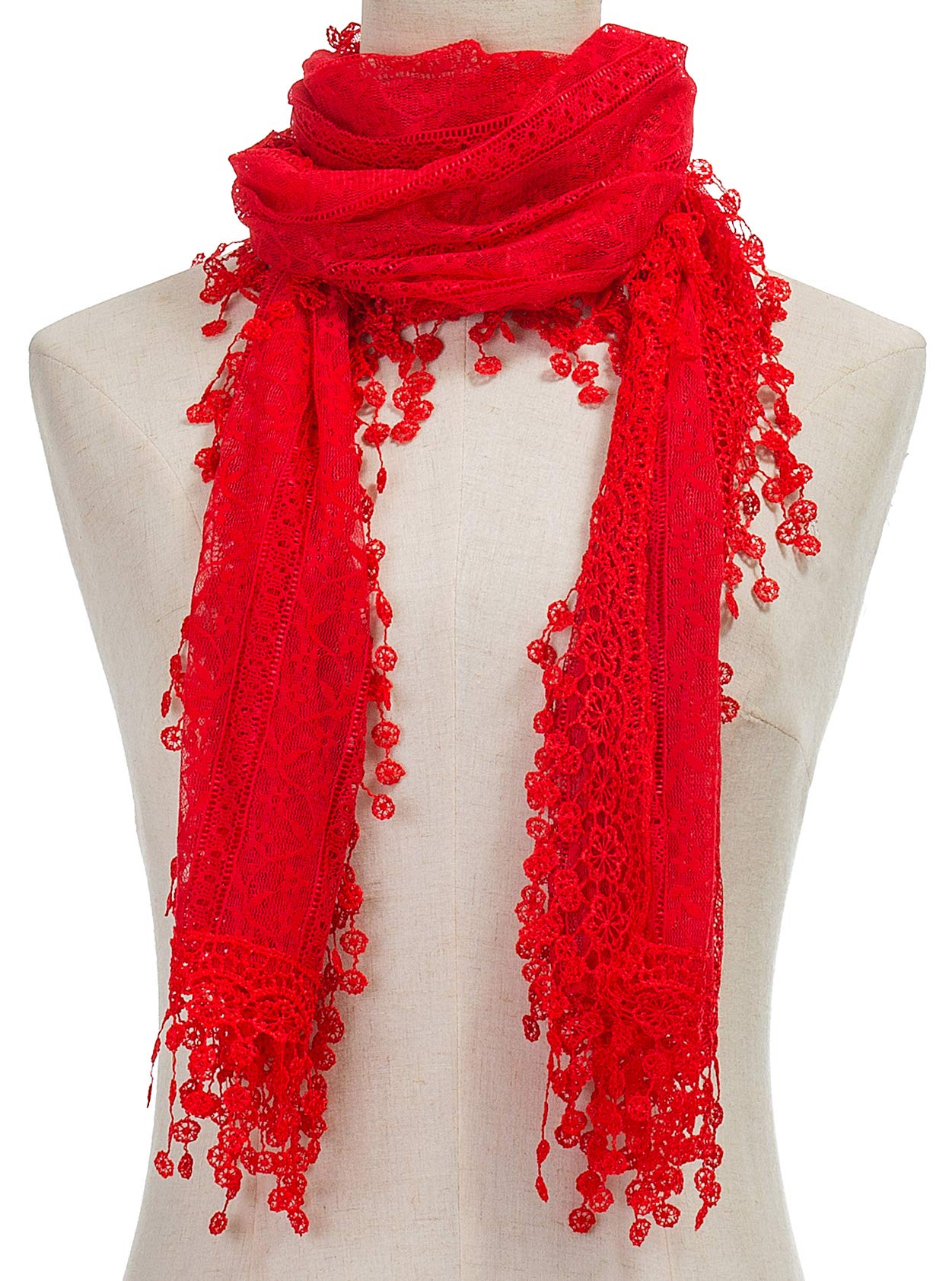 Cindy and Wendy Lightweight Soft Leaf Lace Fringes Scarf shawl for Women (Red-2)