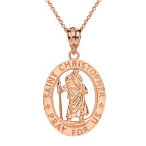 calirosejewelry 14k saint christopher pray for us oval charm pendant necklace in rose gold, 18"