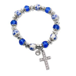 Nazareth Store Handmade Crystallized Glass Beads Cross Bracelet with Ceramic Flower Beads Religious Christian Bangle for Women and Men (Blue)