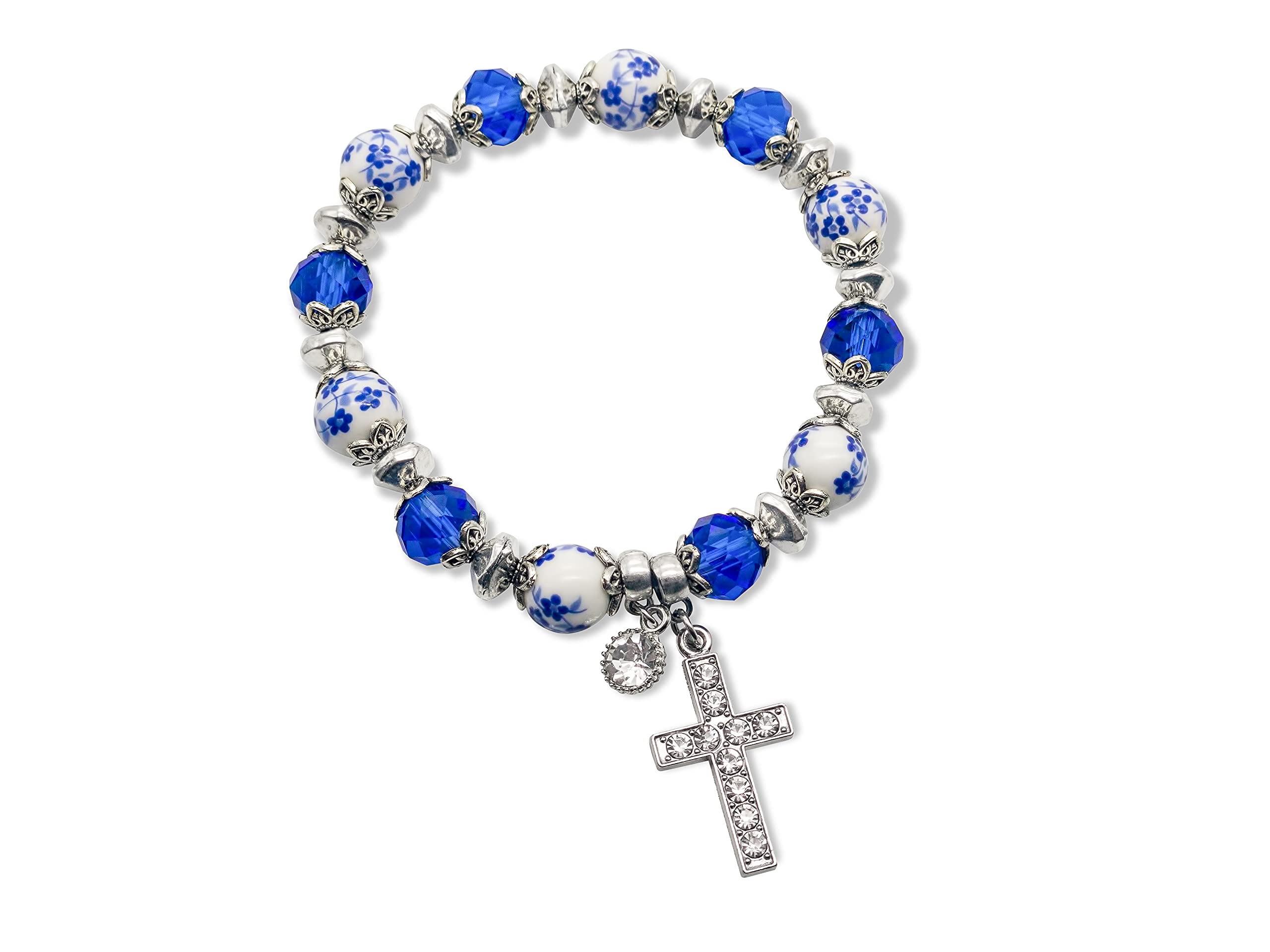 Nazareth Store Handmade Crystallized Glass Beads Cross Bracelet with Ceramic Flower Beads Religious Christian Bangle for Women and Men (Blue)