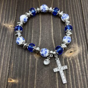 Nazareth Store Handmade Crystallized Glass Beads Cross Bracelet with Ceramic Flower Beads Religious Christian Bangle for Women and Men (Blue)