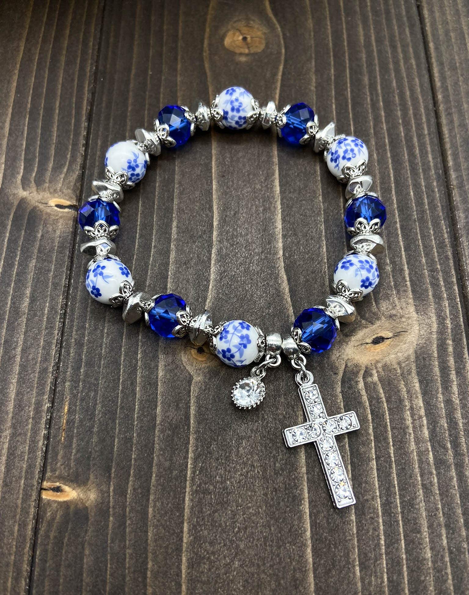 Nazareth Store Handmade Crystallized Glass Beads Cross Bracelet with Ceramic Flower Beads Religious Christian Bangle for Women and Men (Blue)