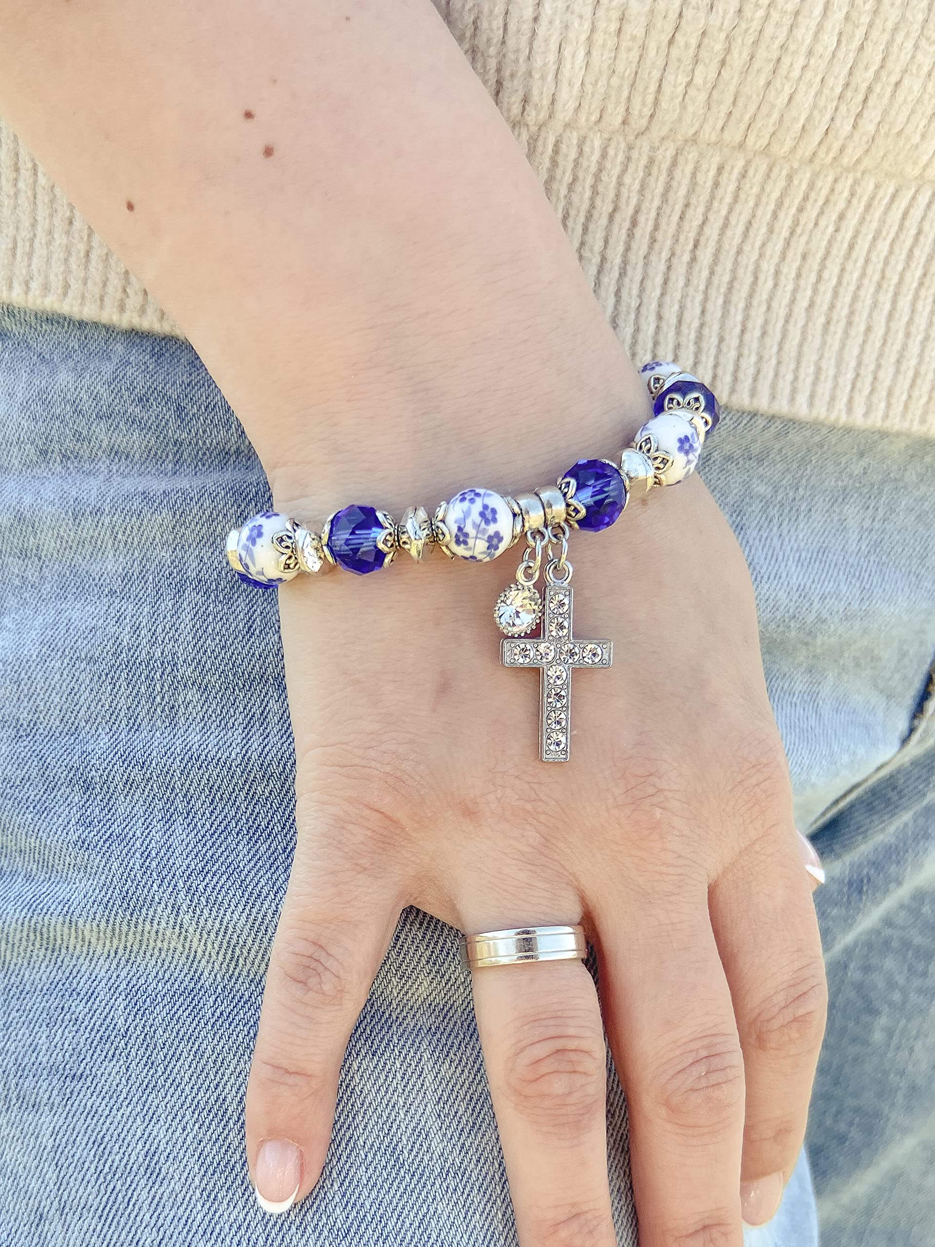 Nazareth Store Handmade Crystallized Glass Beads Cross Bracelet with Ceramic Flower Beads Religious Christian Bangle for Women and Men (Blue)