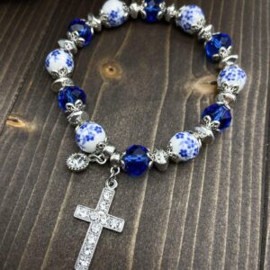 Nazareth Store Handmade Crystallized Glass Beads Cross Bracelet with Ceramic Flower Beads Religious Christian Bangle for Women and Men (Blue)