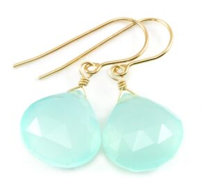 14k yellow gold chalcedony earrings soft aqua blue faceted heart teardrops simple dangles