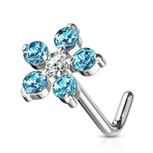 forbidden body jewelry 20g surgical steel 6-cz crystal flower l-shape nose ring (aqua)