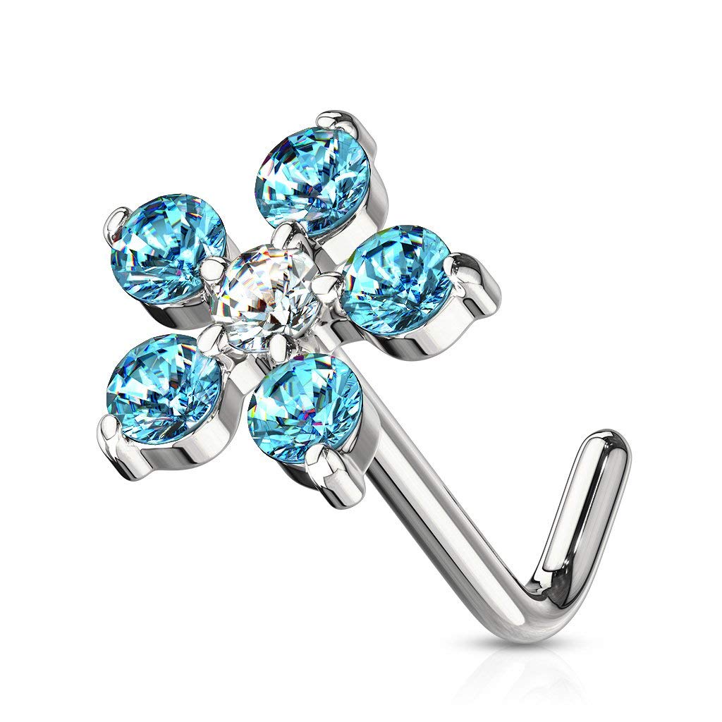 Forbidden Body Jewelry 20g Surgical Steel 6-CZ Crystal Flower L-Shape Nose Ring (Aqua)