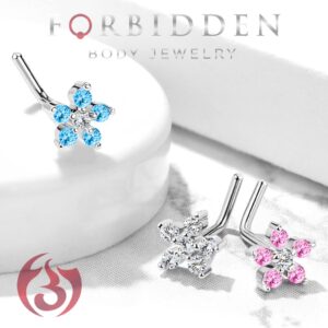 Forbidden Body Jewelry 20g Surgical Steel 6-CZ Crystal Flower L-Shape Nose Ring (Aqua)