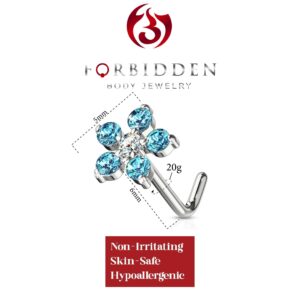 Forbidden Body Jewelry 20g Surgical Steel 6-CZ Crystal Flower L-Shape Nose Ring (Aqua)