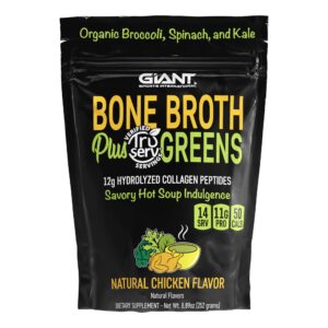 giant sports bone broth plus greens | organic super greens powder + delicious collagen peptides mix | paleo and keto friendly | natural chicken flavor 14 servings