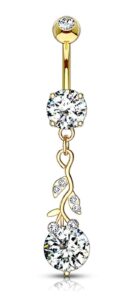 forbidden body jewelry 14g surgical steel sexy vine with solitaire cz dangle belly ring, gold tone