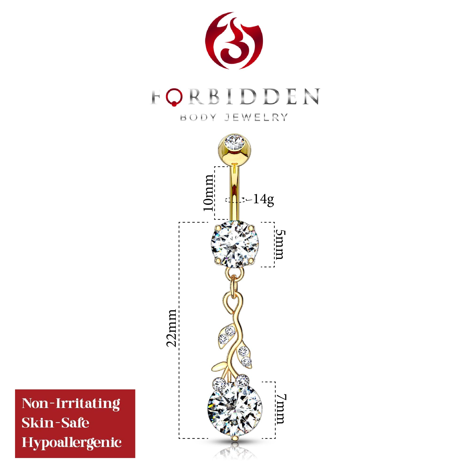 Forbidden Body Jewelry 14g Surgical Steel Sexy Vine with Solitaire CZ Dangle Belly Ring, Gold Tone