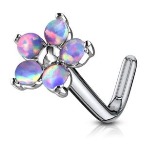 forbidden body jewelry 20g surgical steel synthetic opalite stone flower l-shape nose ring (purple)