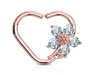 forbidden body jewelry rose gold plated heart w/cz flower daith & cartilage hoop earring (left ear)