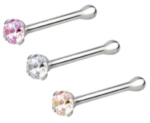 forbidden body jewelry nose rings sterling silver cz simulated diamond micro nose studs 22g set of 3 (clr/ab/rose)