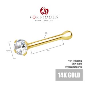 Forbidden Body Jewelry 22G Nose Rings Studs w/ 1.25mm Crystal - 1 Pcs 7mm 14K Gold Piercing Jewelry, l Shaped Nose Rings Women & Men - CZ Simulated Diamond, Small Nose Studs