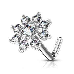 forbidden body jewelry nose rings big bling cz snowflake l-shaped nose stud surgical steel (20g,6mm) silver tone