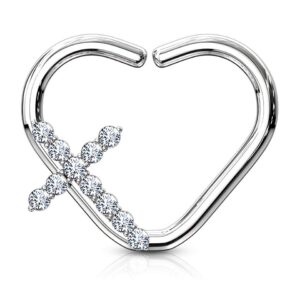 Forbidden Body Jewelry Platinum Plated Heart w/CZ Cross Daith & Cartilage Hoop Earring (Right Ear)