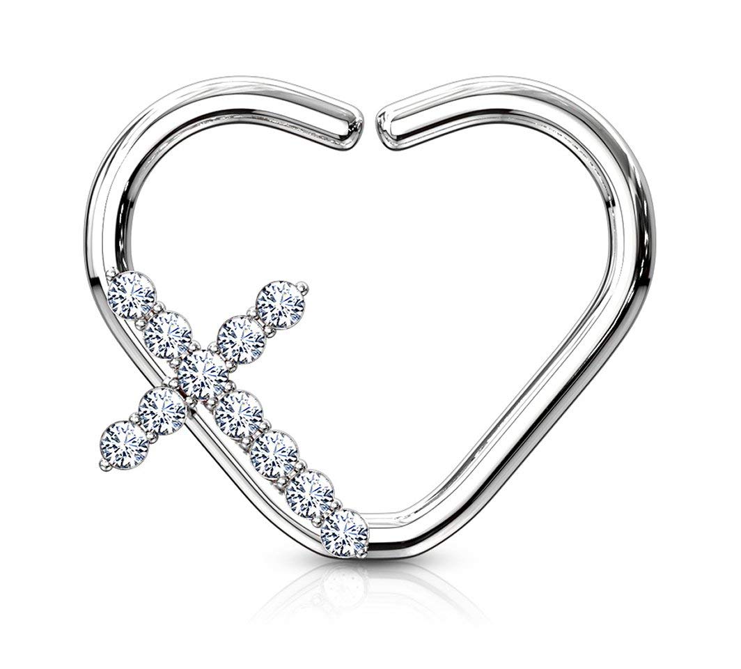 Forbidden Body Jewelry Platinum Plated Heart w/CZ Cross Daith & Cartilage Hoop Earring (Right Ear)