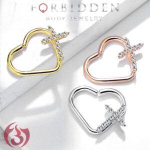 Forbidden Body Jewelry Platinum Plated Heart w/CZ Cross Daith & Cartilage Hoop Earring (Right Ear)