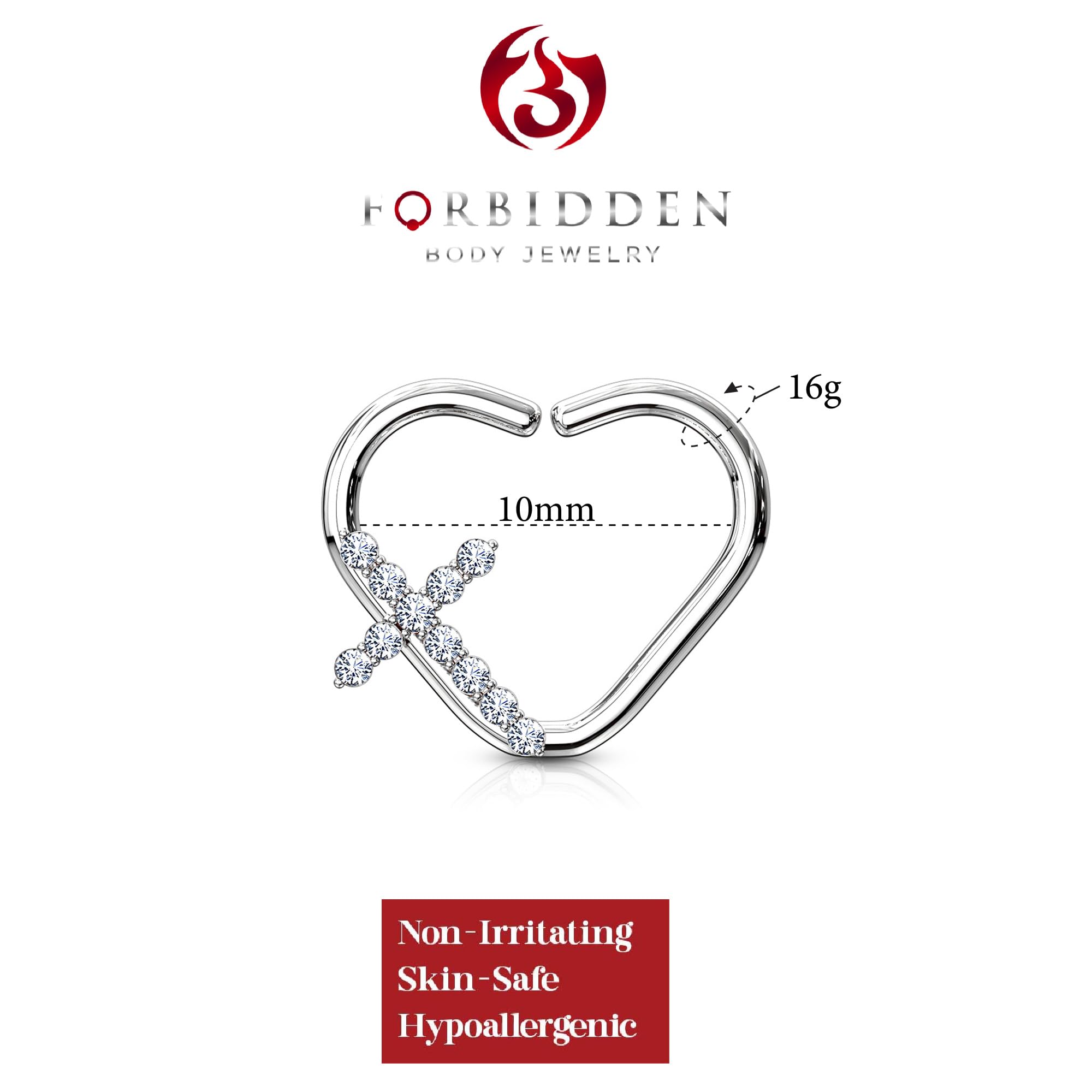 Forbidden Body Jewelry Platinum Plated Heart w/CZ Cross Daith & Cartilage Hoop Earring (Right Ear)