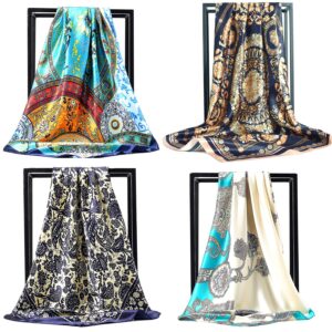 nuweerir 4pc womens large square scarf set silk feeling satin solid hair wrapping 35x35 inches (set 5)