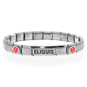 dolceoro medical alert id bracelet for medication eliquis - stretchable modular charm link for women and men - stainless steel