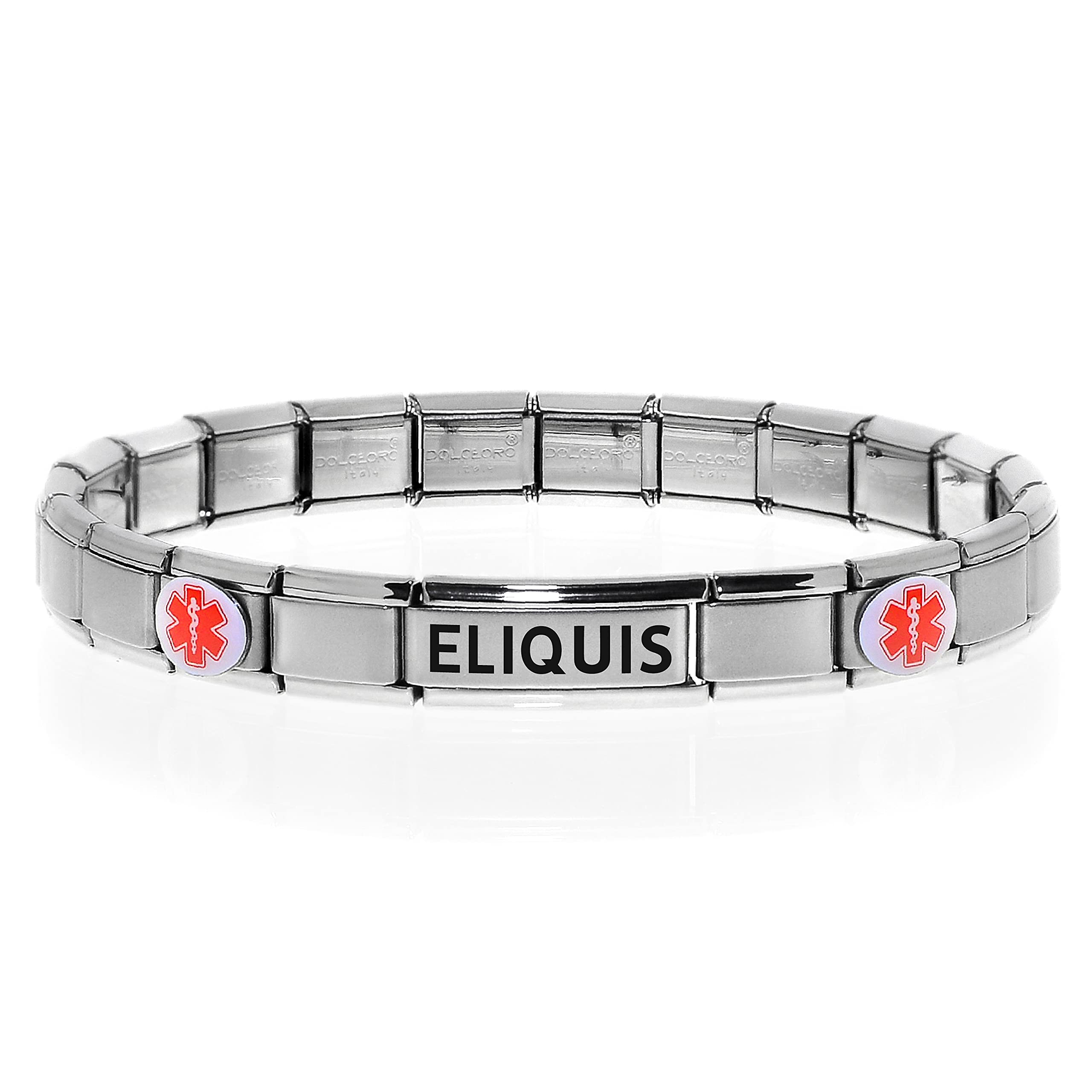 Dolceoro Medical Alert ID Bracelet for Medication ELIQUIS - Stretchable Modular Charm Link for Women and Men - Stainless Steel