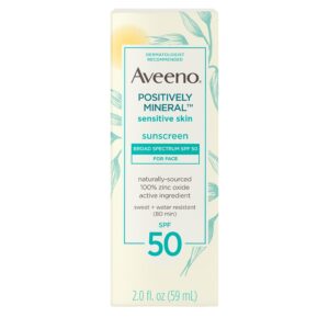 aveeno positively mineral sensitive skin daily sunscreen lotion for face, broad spectrum spf 50 with 100% zinc oxide, lightweight & non-comedogenic facial sunscreen, travel-size, 2 fl. oz