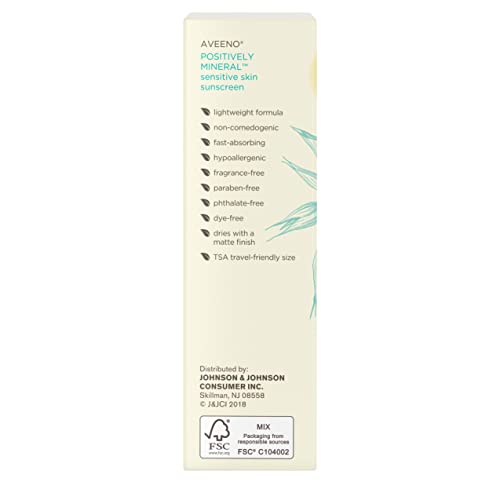 Aveeno Positively Mineral Sensitive Skin Daily Sunscreen Lotion for Face, Broad Spectrum SPF 50 with 100% Zinc Oxide, Lightweight & Non-Comedogenic Facial Sunscreen, Travel-Size, 2 fl. oz