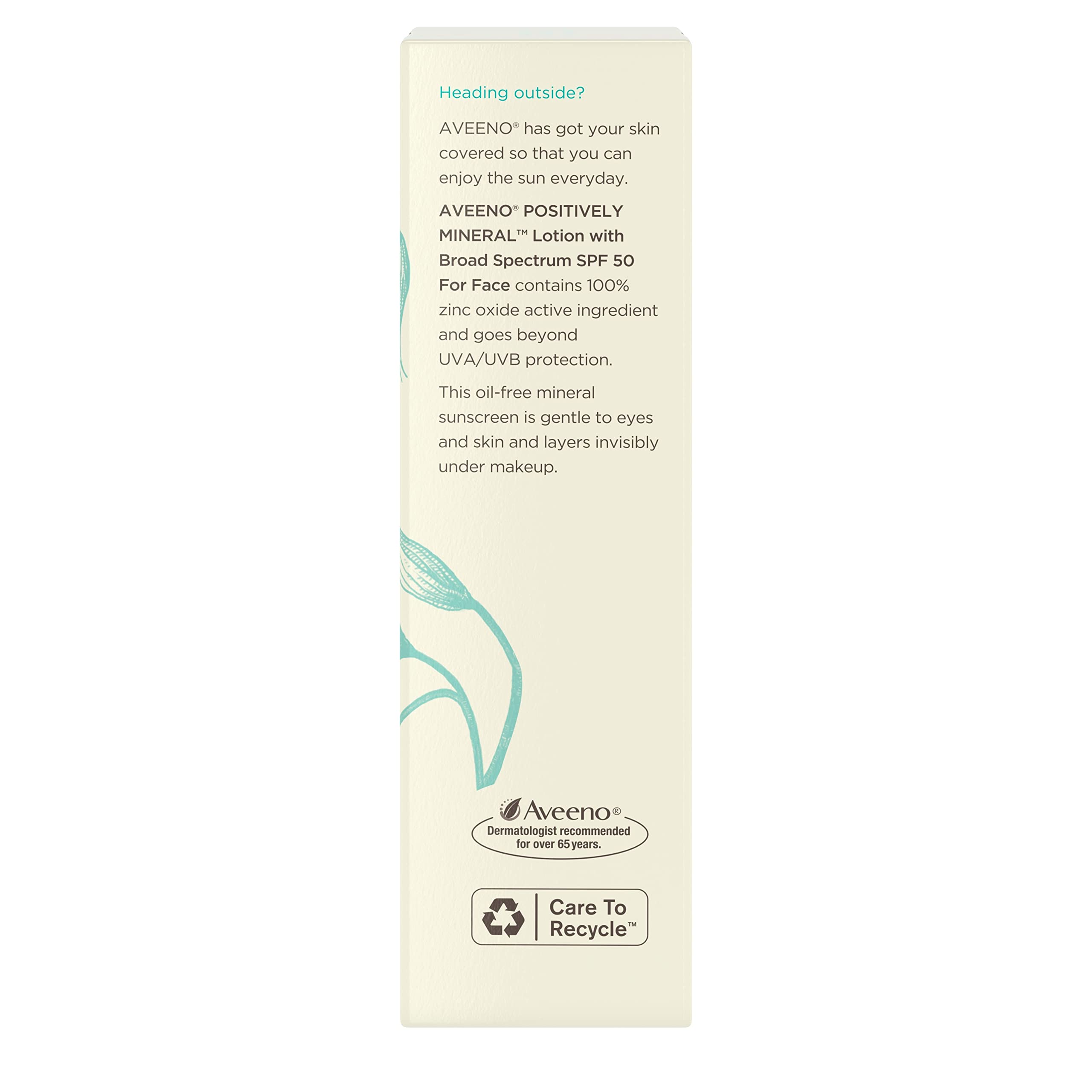 Aveeno Positively Mineral Sensitive Skin Daily Sunscreen Lotion for Face, Broad Spectrum SPF 50 with 100% Zinc Oxide, Lightweight & Non-Comedogenic Facial Sunscreen, Travel-Size, 2 fl. oz