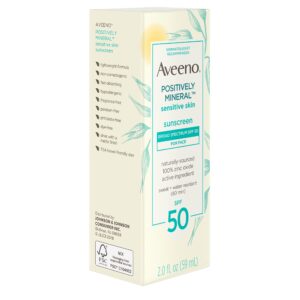 Aveeno Positively Mineral Sensitive Skin Daily Sunscreen Lotion for Face, Broad Spectrum SPF 50 with 100% Zinc Oxide, Lightweight & Non-Comedogenic Facial Sunscreen, Travel-Size, 2 fl. oz