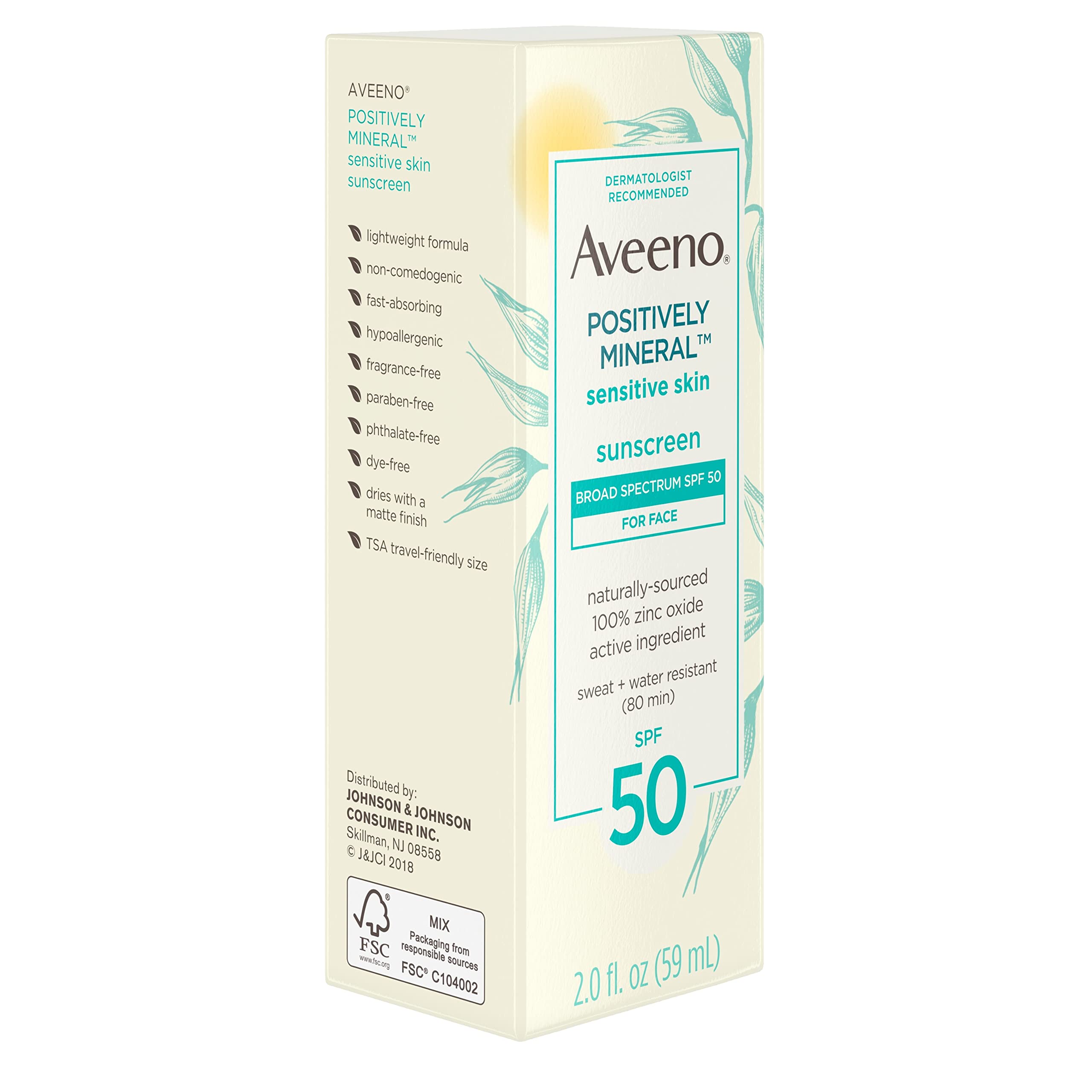 Aveeno Positively Mineral Sensitive Skin Daily Sunscreen Lotion for Face, Broad Spectrum SPF 50 with 100% Zinc Oxide, Lightweight & Non-Comedogenic Facial Sunscreen, Travel-Size, 2 fl. oz