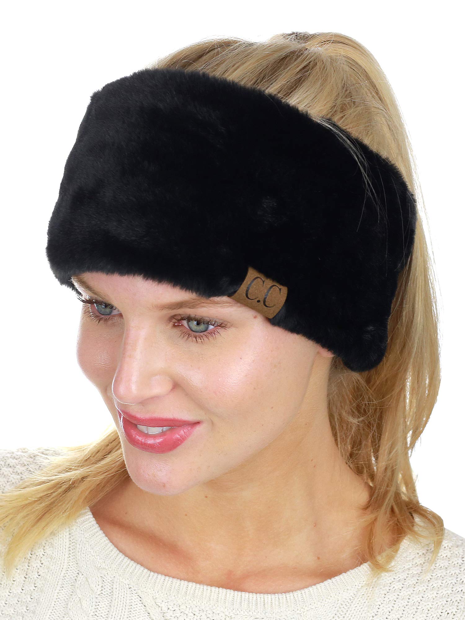 C.C Women's Soft Faux Fur Feel Sherpa Lined Ear Warmer Headband Headwrap, Black