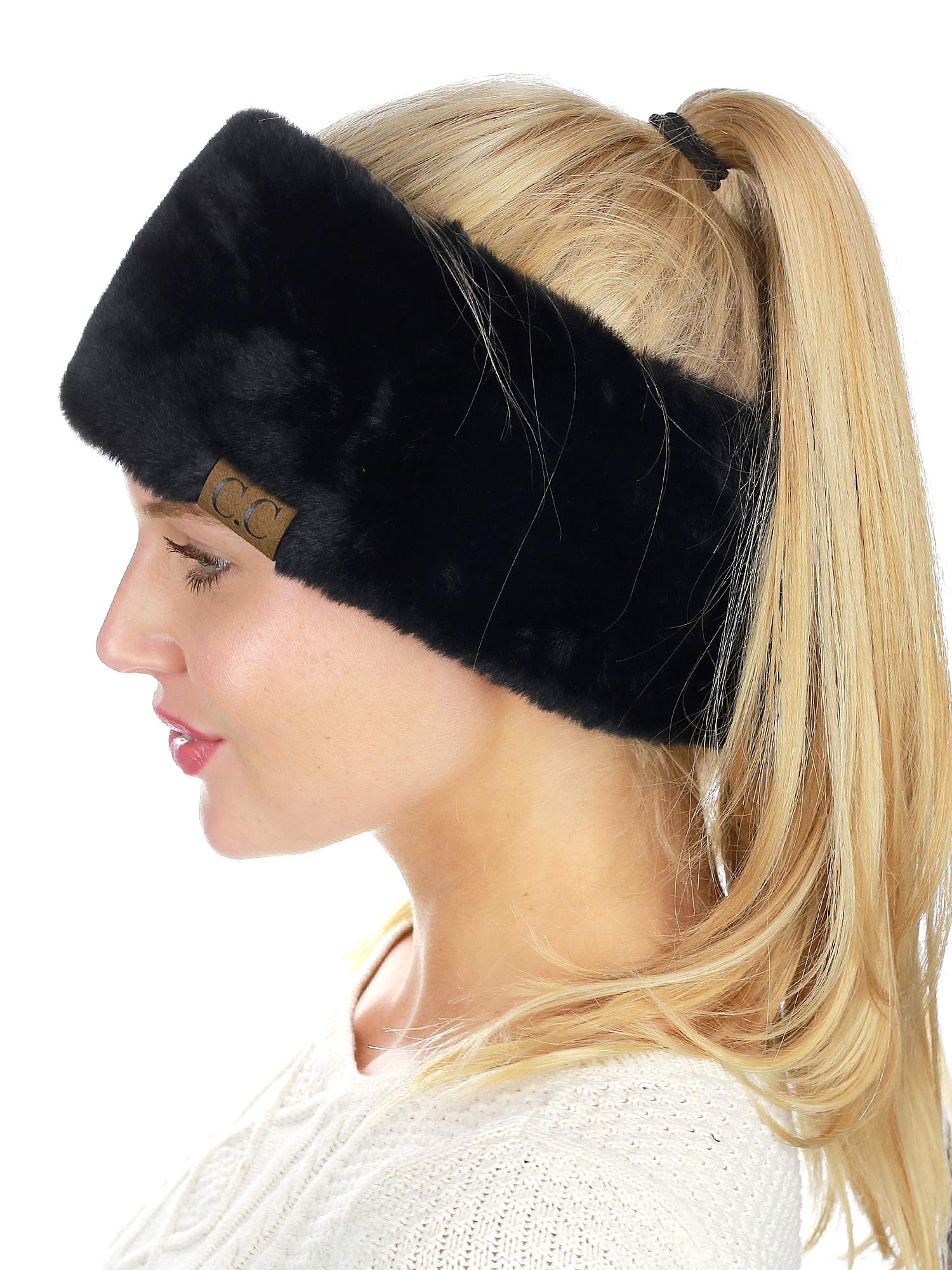 C.C Women's Soft Faux Fur Feel Sherpa Lined Ear Warmer Headband Headwrap, Black