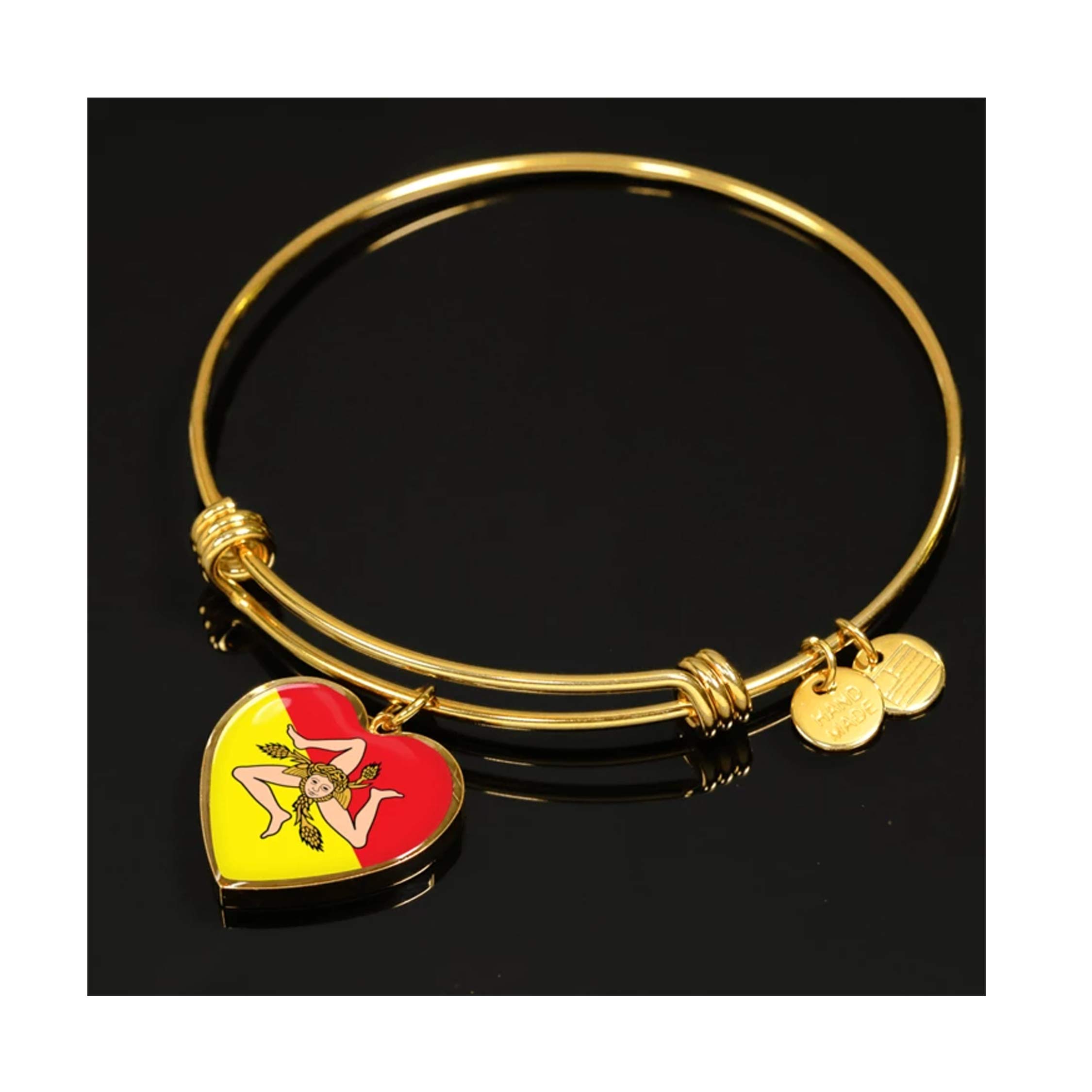 P.S. I Love Italy Gold Sicilian Flag with Heart Charm Bangle - Great Italian Themed Jewelry Gift - Shatterproof Glass Bangle on Surgical Steel Fashion Bracelet - Engraving Available