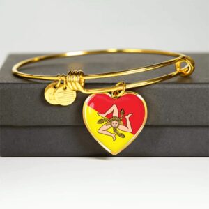 P.S. I Love Italy Gold Sicilian Flag with Heart Charm Bangle - Great Italian Themed Jewelry Gift - Shatterproof Glass Bangle on Surgical Steel Fashion Bracelet - Engraving Available