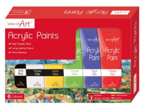 work of art 6 pack acrylic paints, 75 ml (pack of 6), lemon yellow, lamp black, titanium white, emerald green, royal blue and crimson red 6 piece