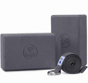 iuga yoga block 2 pack with yoga strap, high density yoga blocks 9”x6”x3”to improve strength, flexibility and balance, light weight and non-slip surface for yoga, pilates and meditation