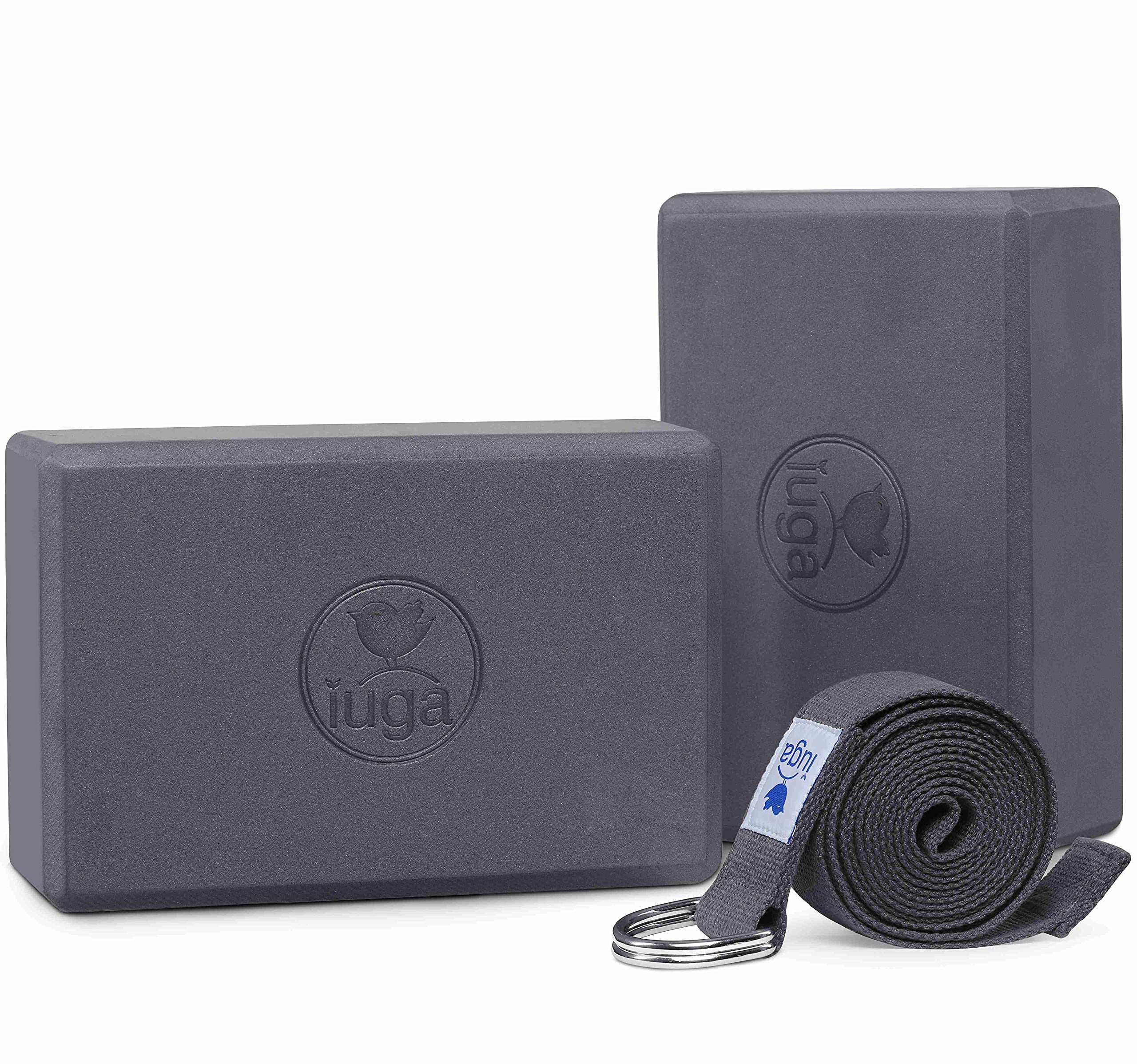 IUGA Yoga Block 2 Pack with Yoga Strap, High Density Yoga Blocks 9”x6”x3”to Improve Strength, Flexibility and Balance, Light Weight and Non-Slip Surface for Yoga, Pilates and Meditation